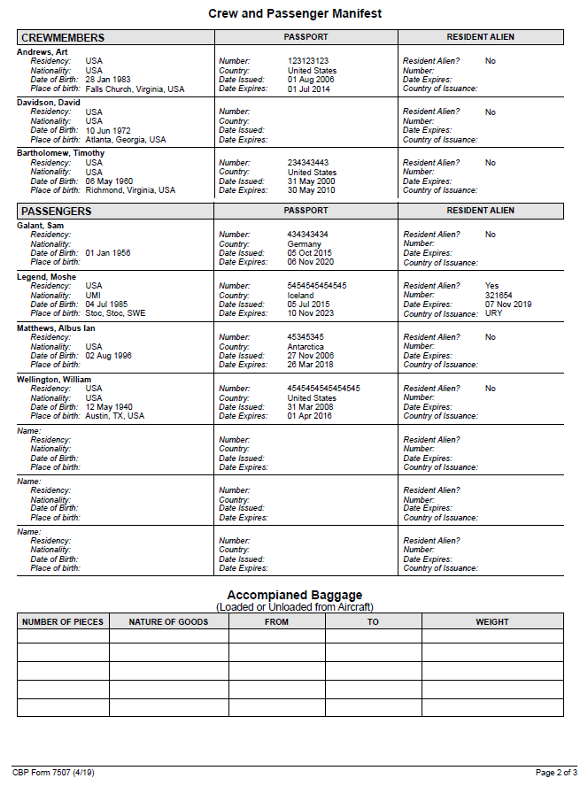 US Customs General Declaration CBP 7507