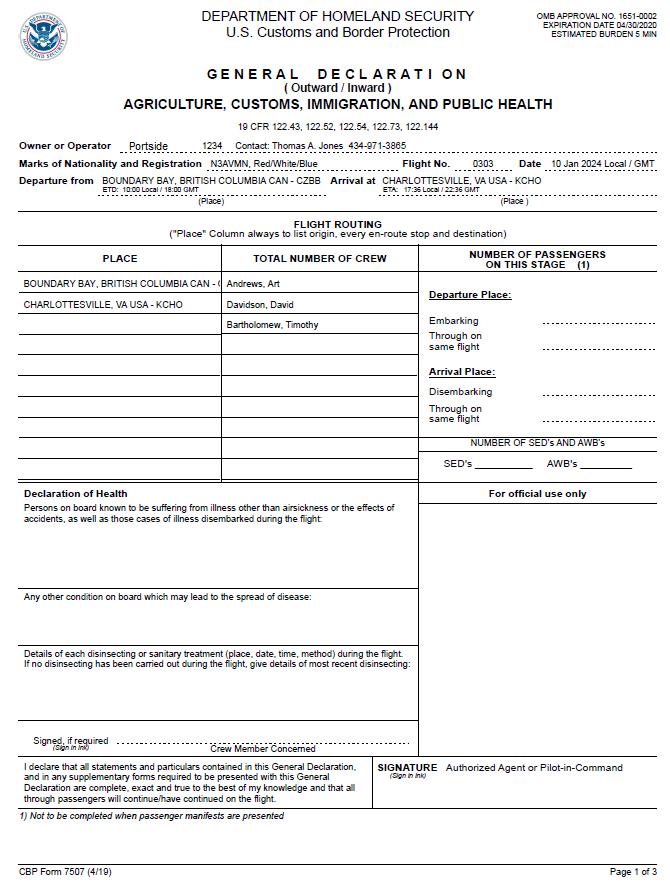 US Customs General Declaration CBP 7507
